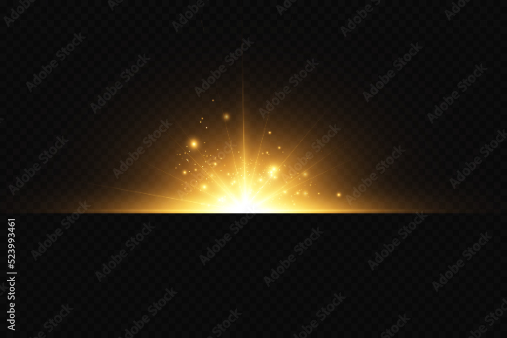 Shining golden stars isolated on black background. Effects, glare, lines, glitter, explosion ...