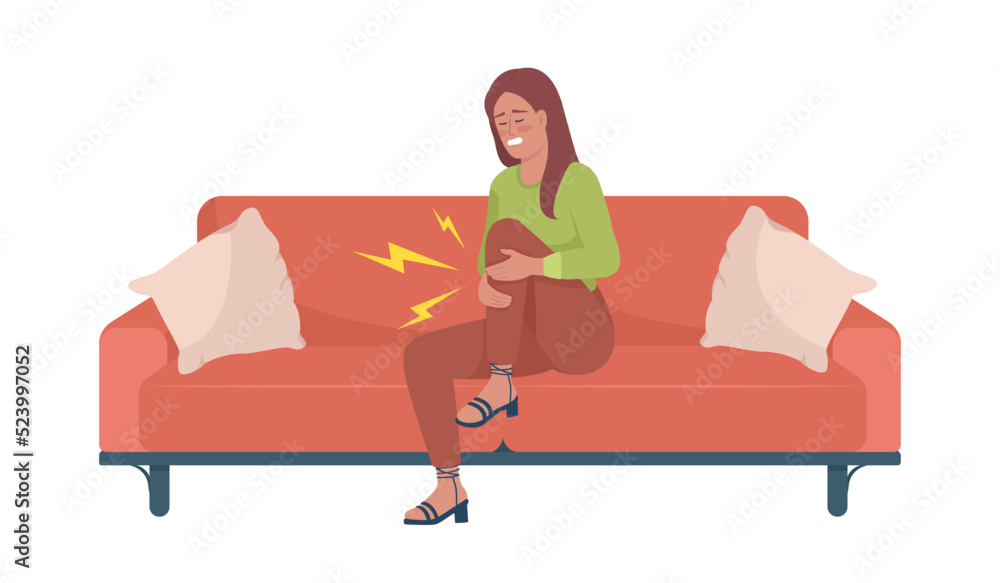 Woman with injured knee semi flat color vector character. Leg pain ...