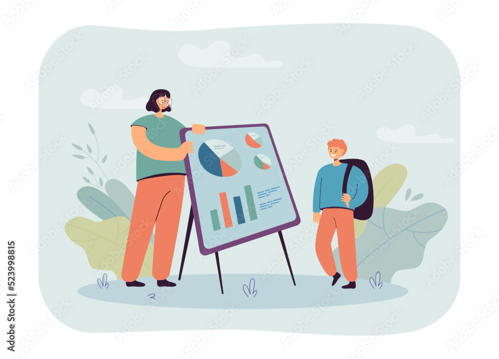 Teacher explaining business plan or statistics to student. Woman ...