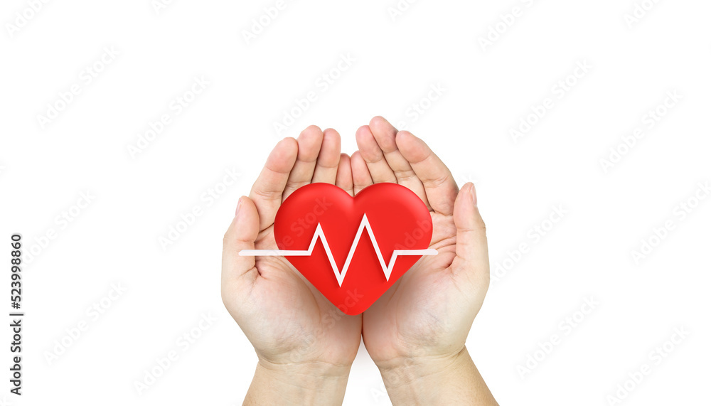 red heart on hand with medical symbol on white background, concept of ...