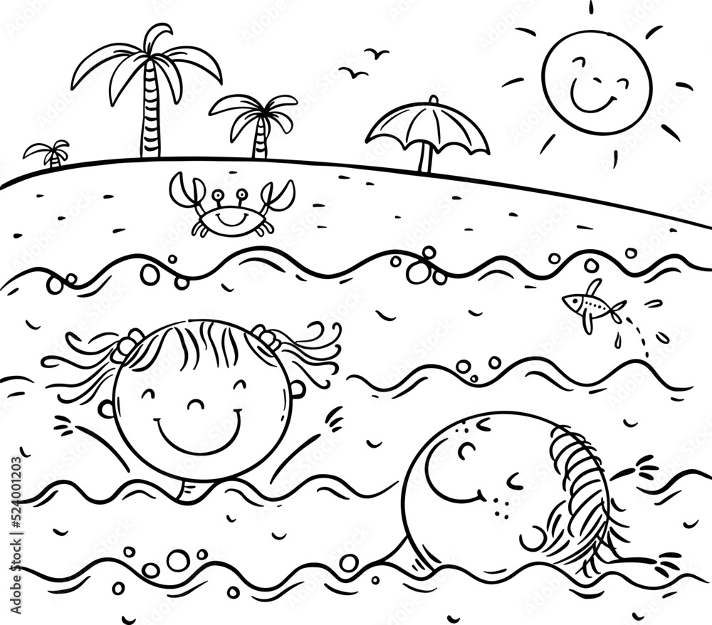 Line drawing of children characters on summer vacation on the beach ...