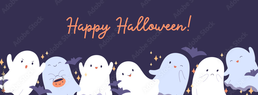 Vecteur Stock Cute Halloween banner with happy ghosts. Helloween ...