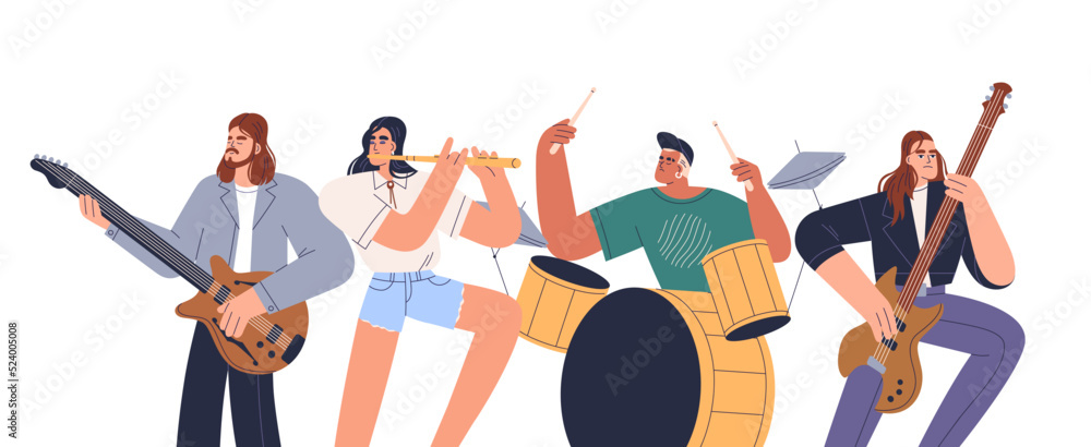 Music band playing instruments. Rock group with men, women musicians ...