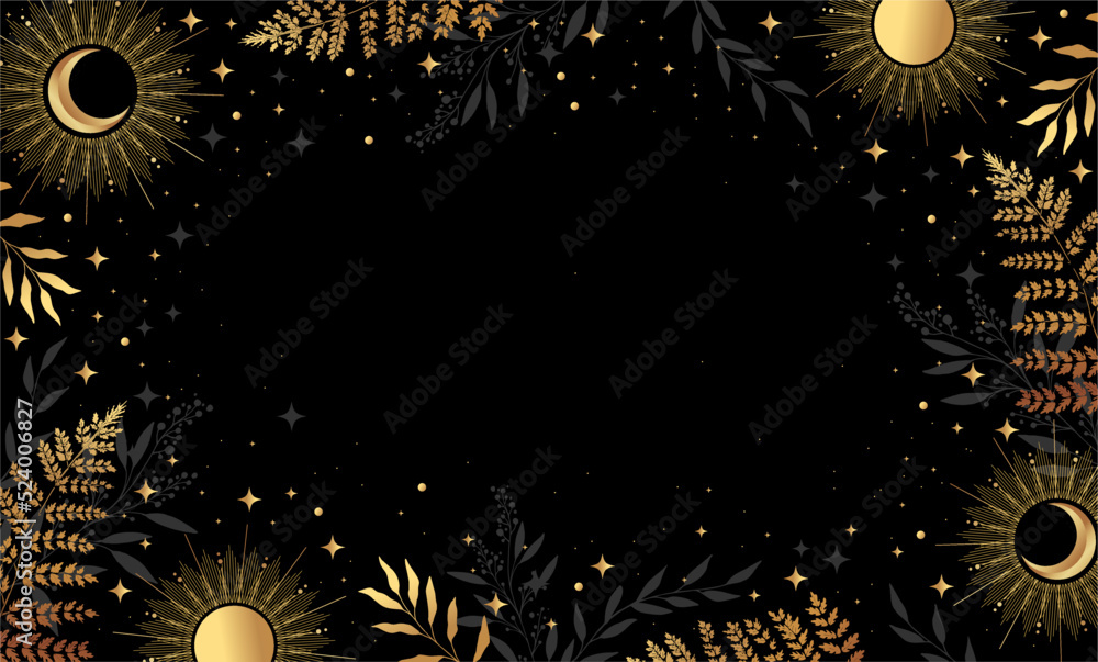 Gold background with a copy space. Mystical poster with stars, herbs ...