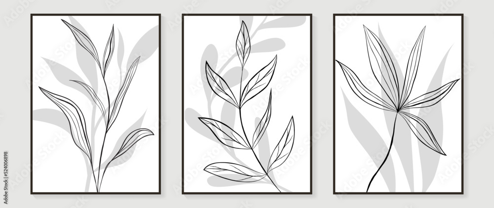 Set of abstract wall art vector. Design with leaf branch, leaves ...
