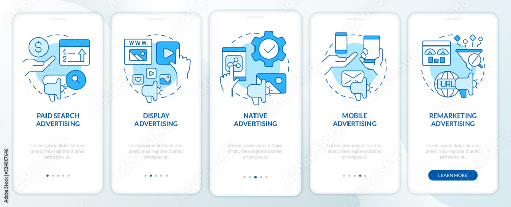 Types of digital advertising blue onboarding mobile app screen ...