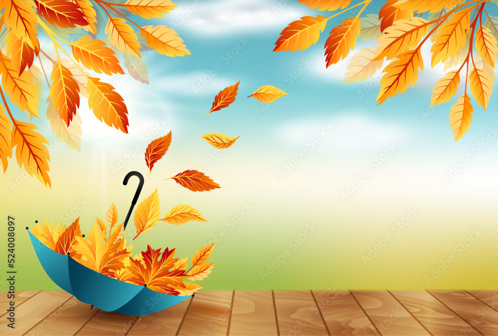 Autumn background with umbrella, flying fall leaves and blue sky Stock ...