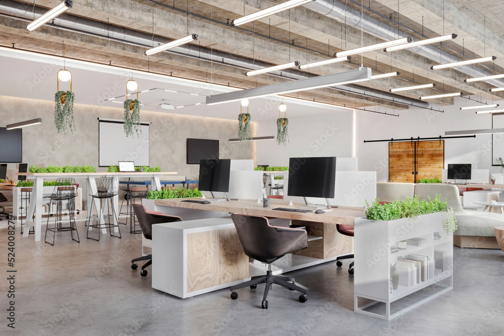 Large computer monitors on office desk. Corporate business interior 3d ...