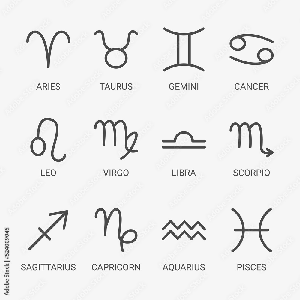 Zodiac Horoscope Line Symbols Set. Vector Thin Outline Signs. Stock ...