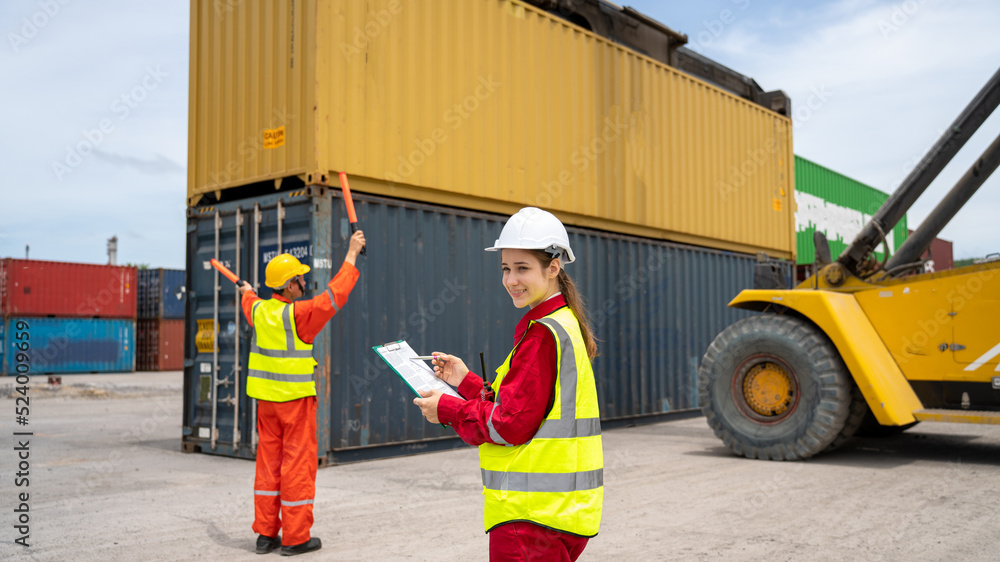 Woman inspector foreman Checking Cargo in Container cargo ...