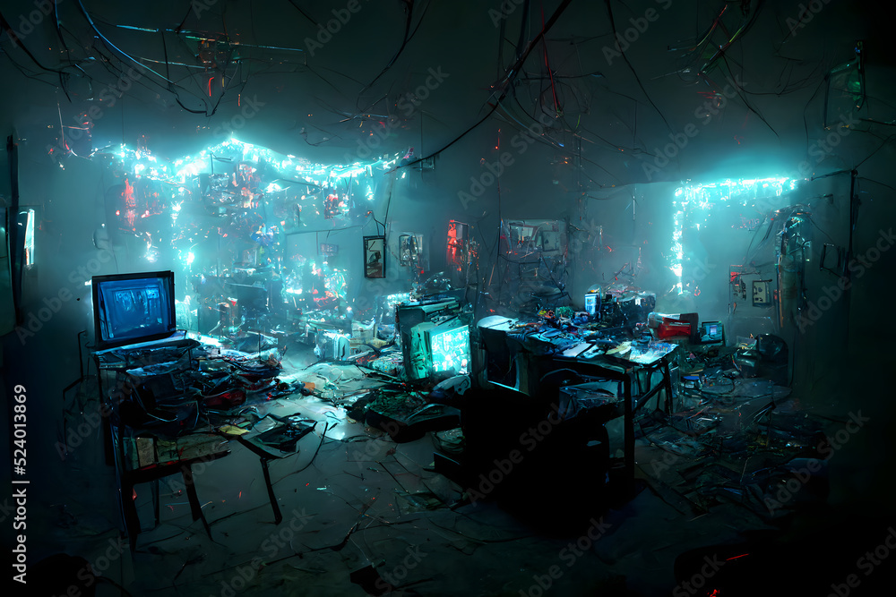 messy and dark cyberpunk hacker hideout room with cyan christmas lights ...