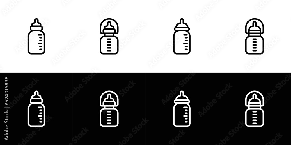 Baby bottle icon set. Flat design icon collection isolated on black and ...
