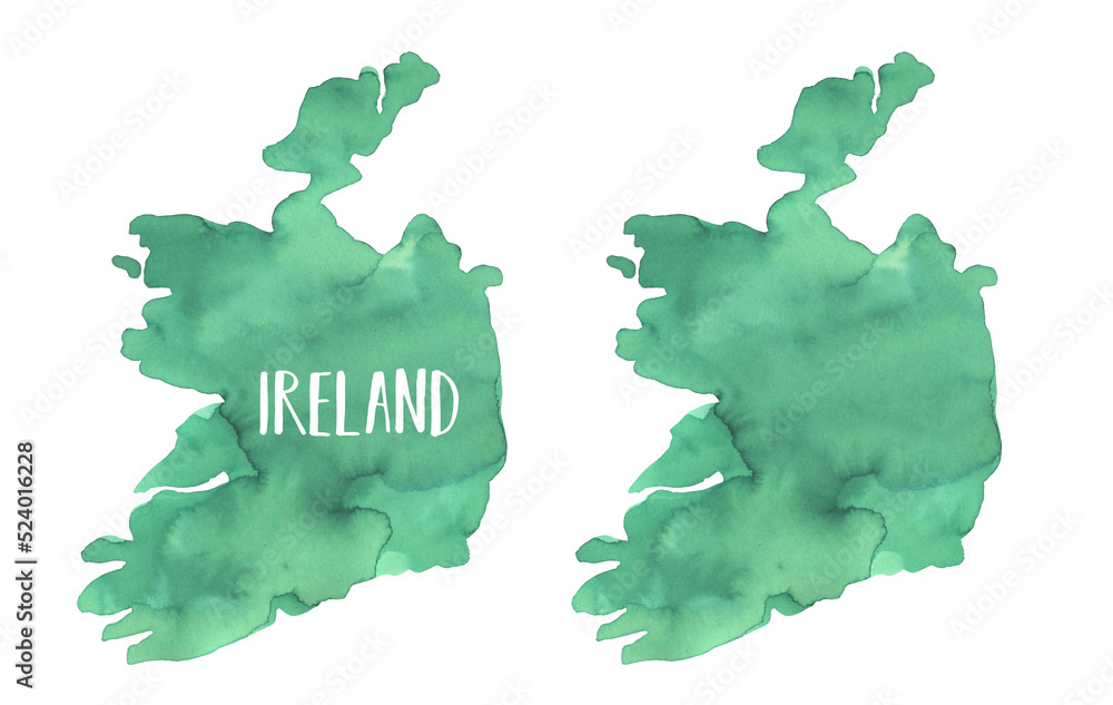 Watercolor drawing of Ireland Map Silhouette. Set of two variation ...