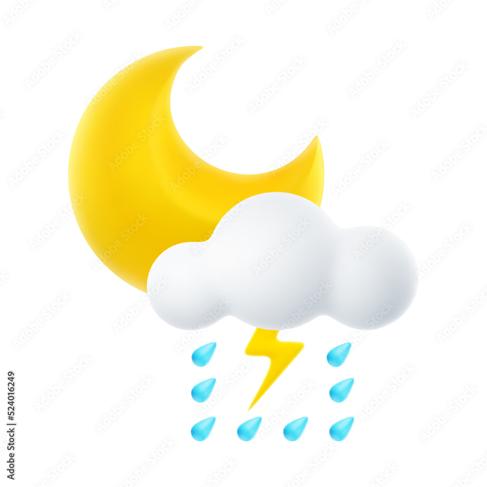 3D Cartoon Weather Icon of Night Downpour and Thunderstorm. Sign of ...