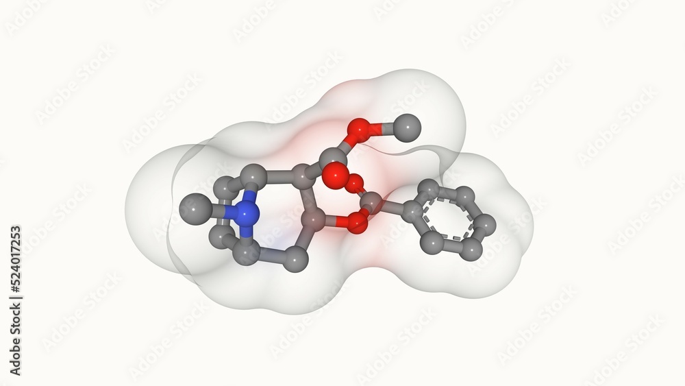 A cocaine molecule rendered in 3D as ball-and-stick model (carbon atoms ...