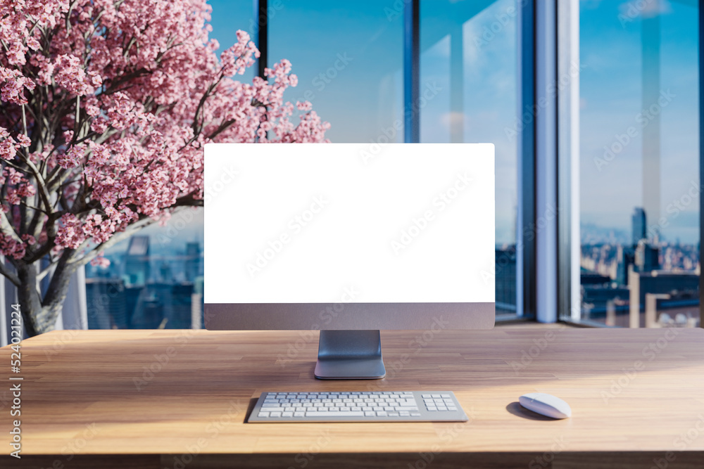 computer desktop pc with blank white screen on wood table with skyline ...