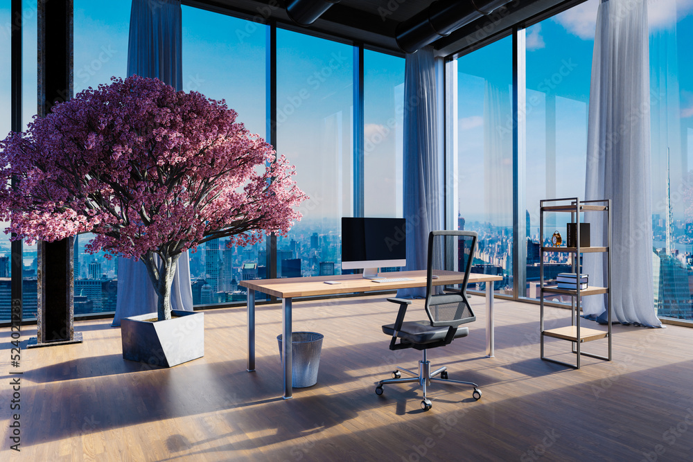luxurious skyline office workplace with wooden desk and modern black ...