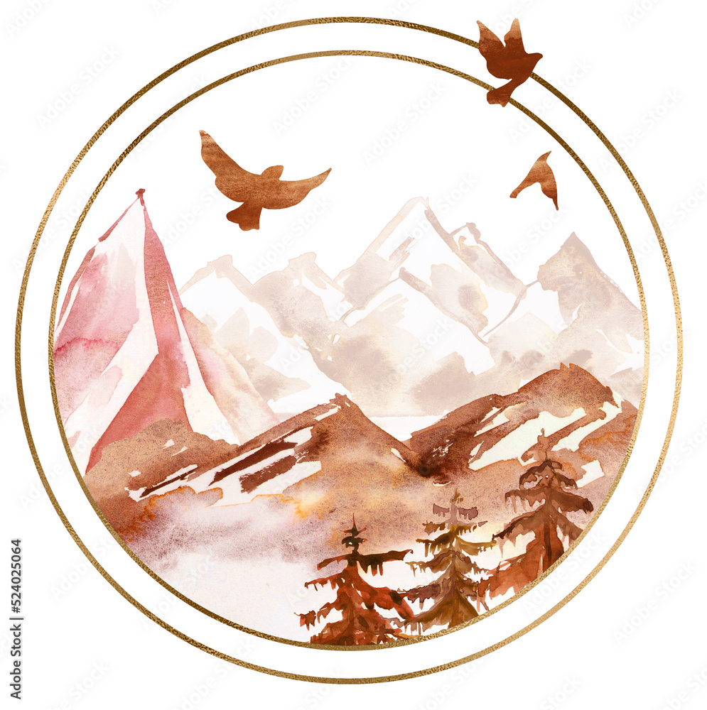 Watercolor mountains travel illustration, boho autumn landscape clipart ...