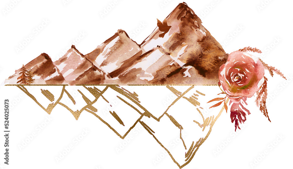 Watercolor mountains travel illustration, boho autumn landscape clipart ...