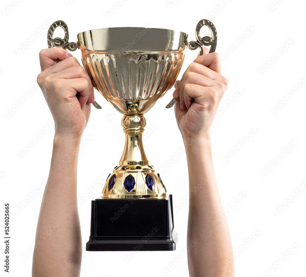 Human hand holding golden trophy cup on white background Stock Photo ...