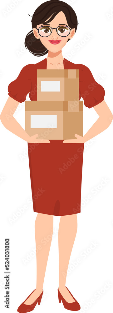 Cartoon Businesswoman get order box delivery clip art. Stock ...