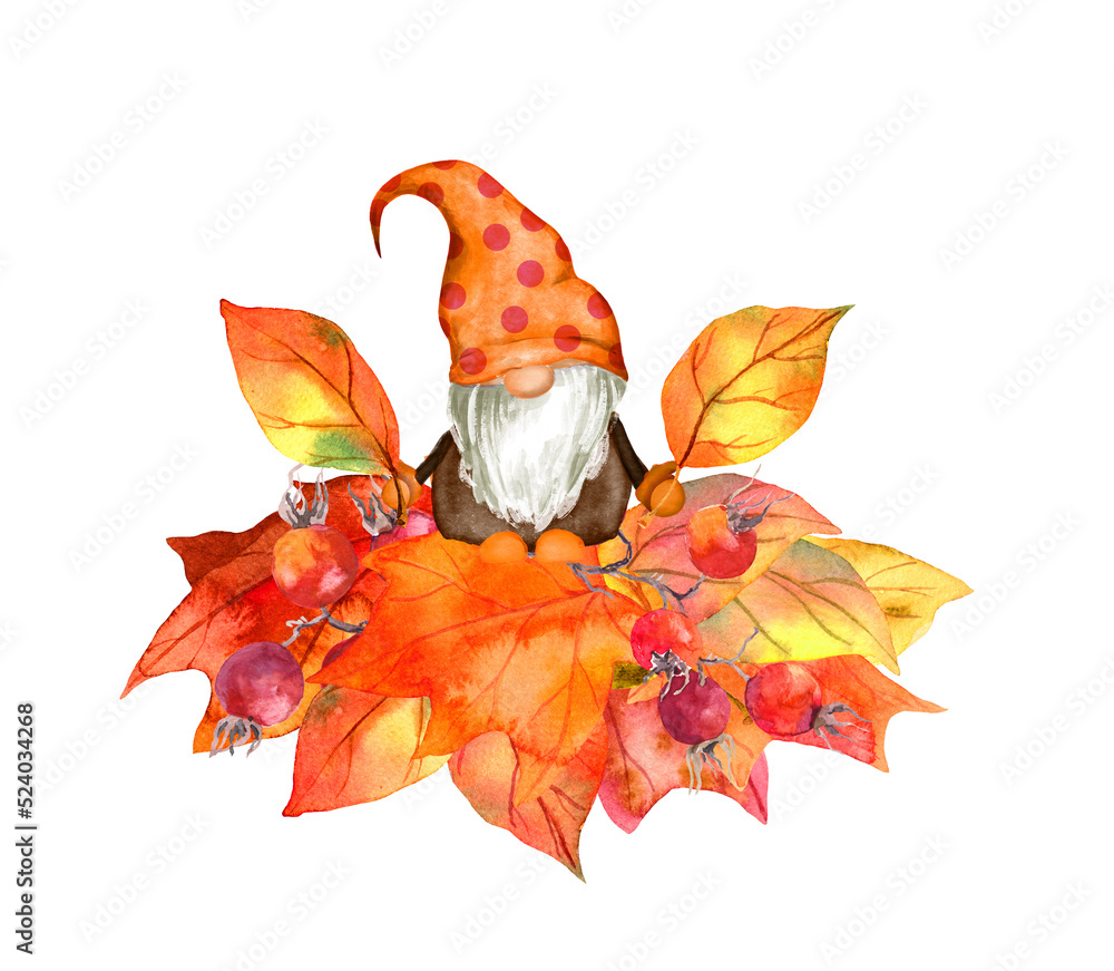 Cute cartoon gnome on bunch of autumn leaves. Design for season card ...