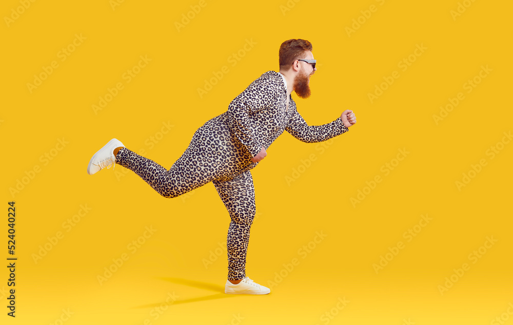 Funny Eccentric Fat Man In Clothes With Leopard Print Fooling Around On