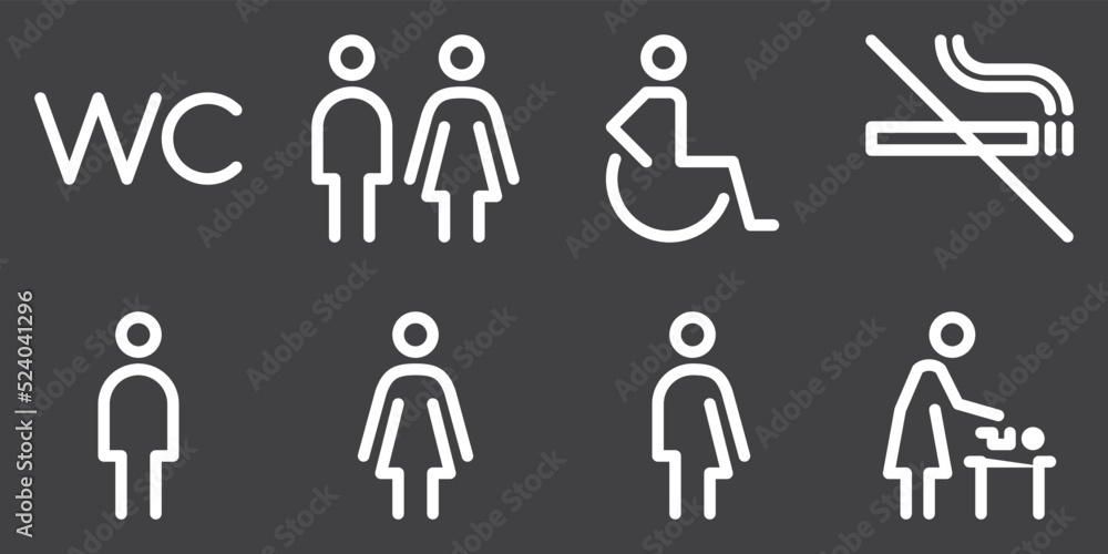 Toilet line icon set. WC sign. Man,woman,mother with baby and handicap ...