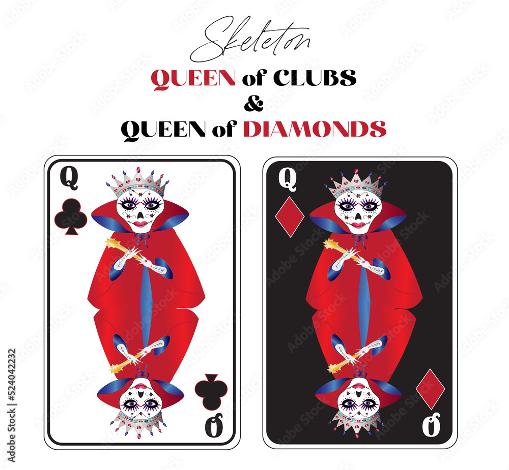 Two graphic Queen Poker skeleton cards isolated on white background ...