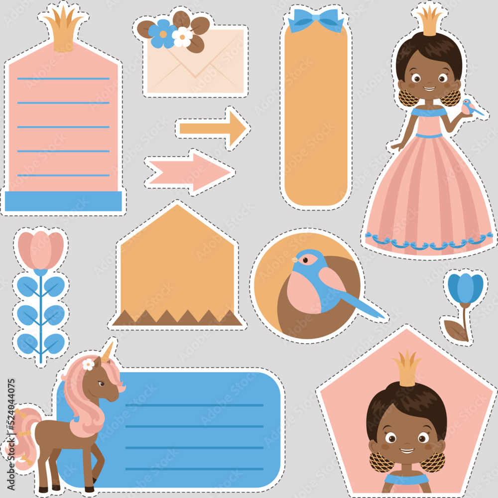 Little princess digital stickers set. Cute collection of dark skin ...