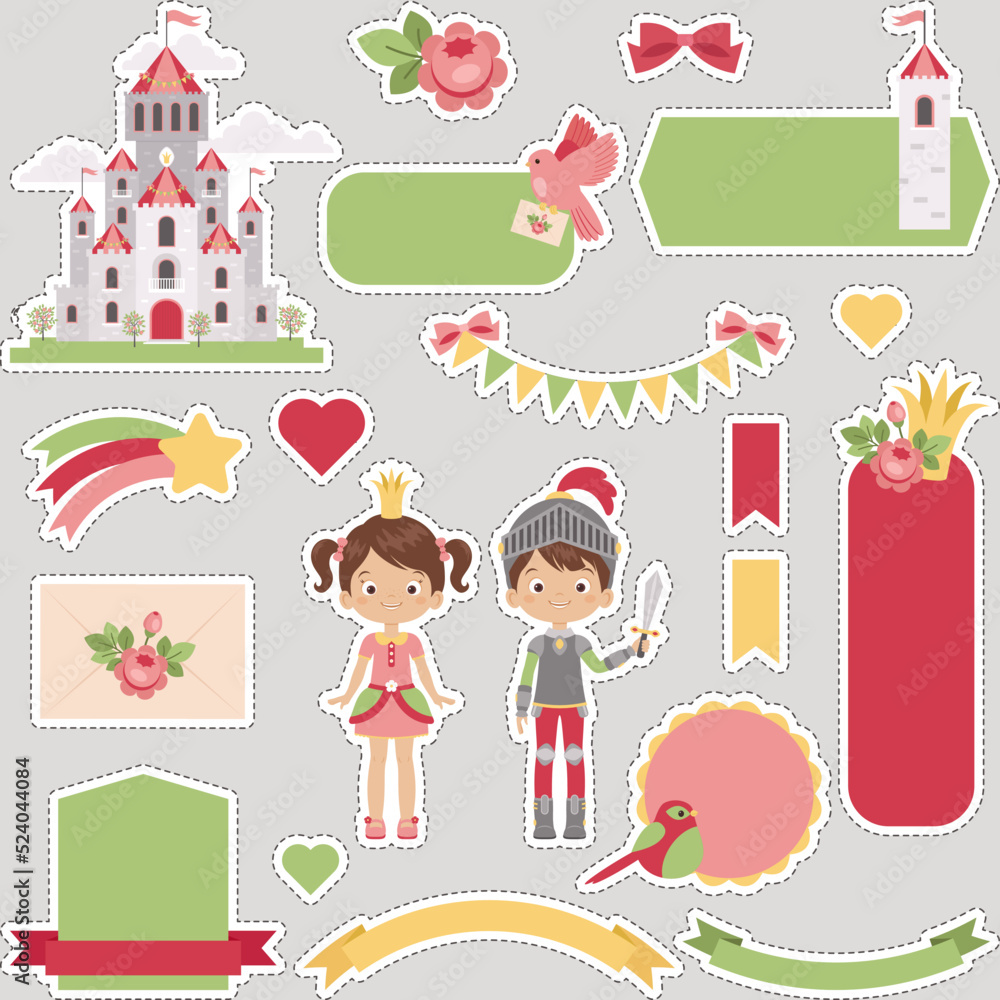 Prince and princess digital stickers set. Cute collection of prince ...