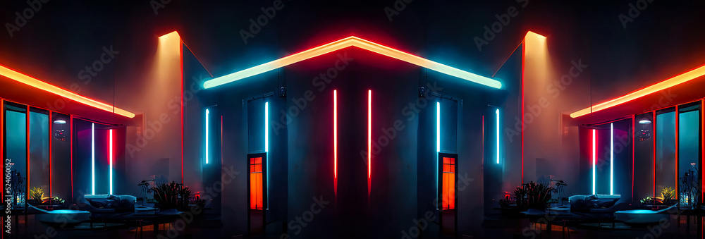 Exterior of a modern house. Dark room interior, colorful neon, interior ...