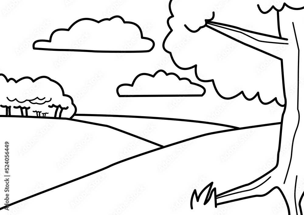 Black and White Simple Landscape Coloring Page for Children. Stock ...