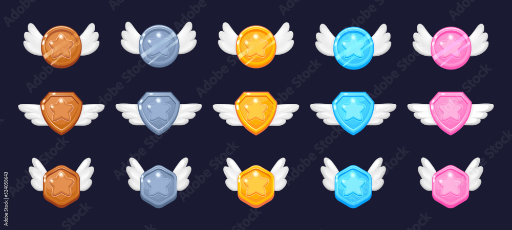 Game achievement badge. Cartoon level up and challenge win rank award ...
