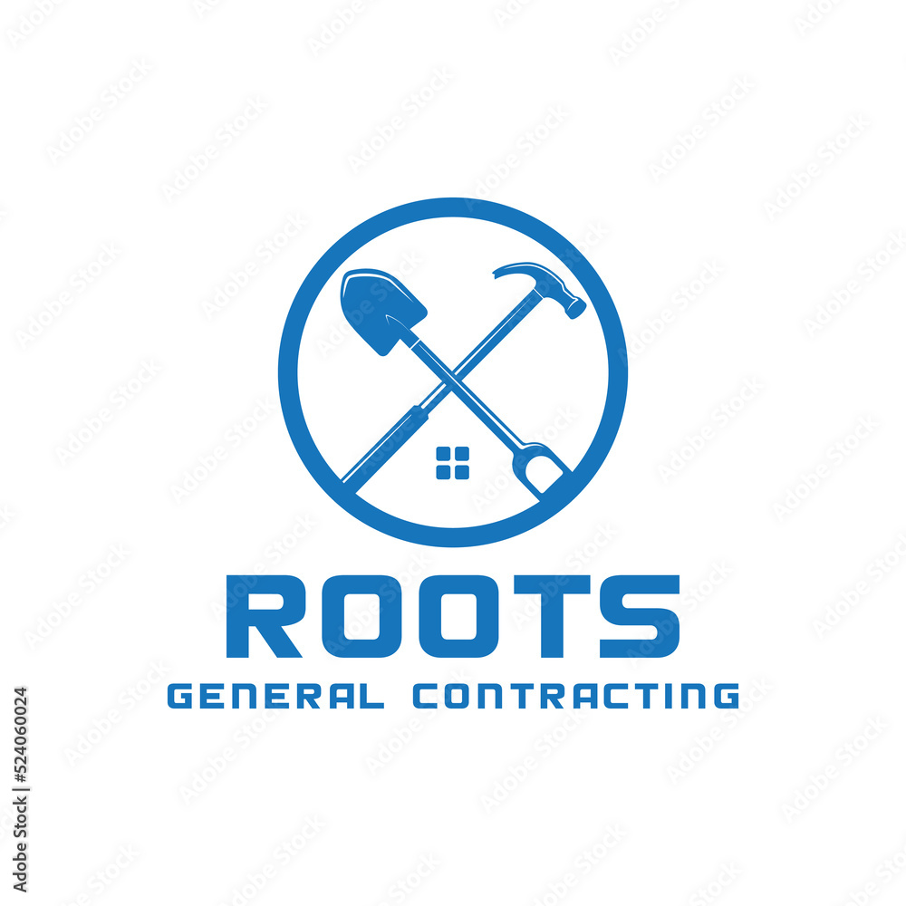 Roots logo template, building construction, window icon, shovel and ...