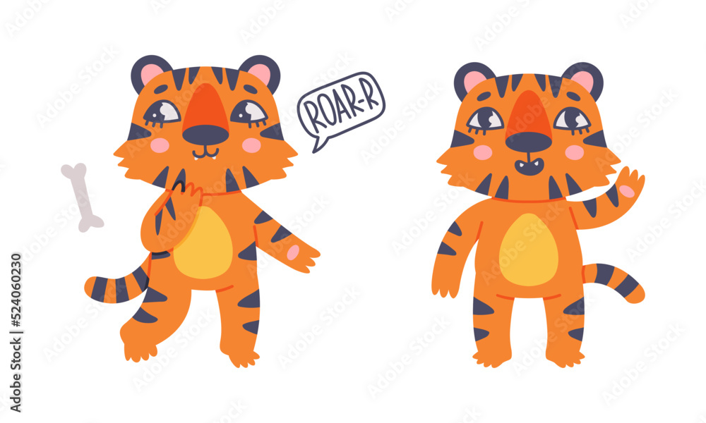 Cute baby tigers in various poses set. Funny orange striped jungle ...