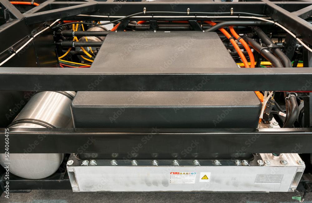 Electric bus chassis, engine and battery detail on display at the LAT ...