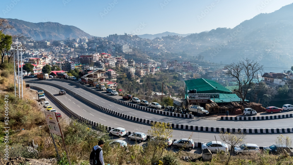 Aerial view of Solan city and Himalayan Expressway in the Indian state ...