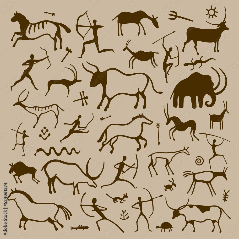 Cave art. Hand drawn primitive ancient symbols of prehistoric hunters ...