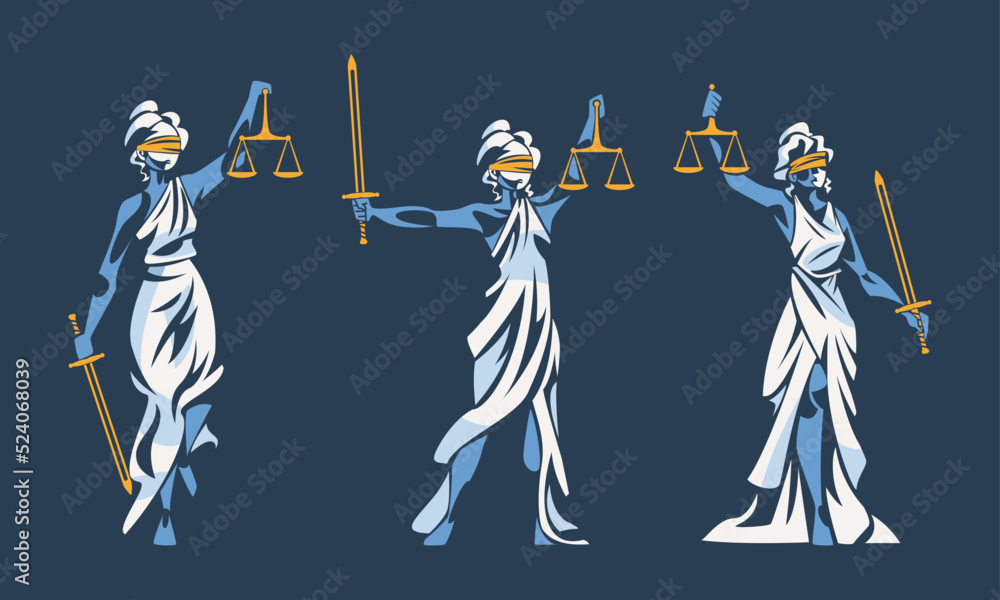 Set of Lady Justice. Themis, goddess of order and justic. Blind woman ...