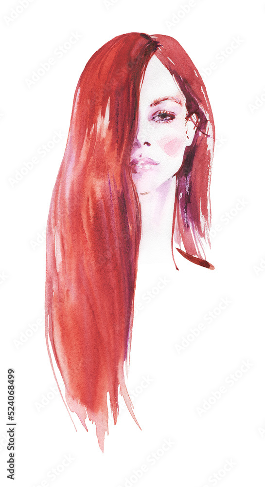 Watercolor fashion female portrait. Hand drawn young woman with long ...