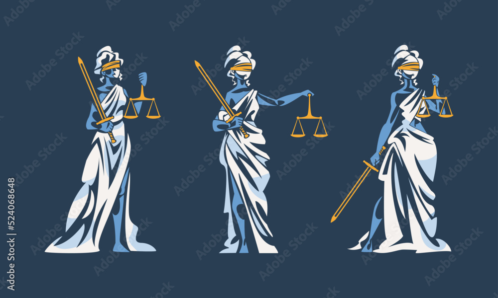 Set of Lady Justice sculpture. Themis, goddess of order and justic with ...
