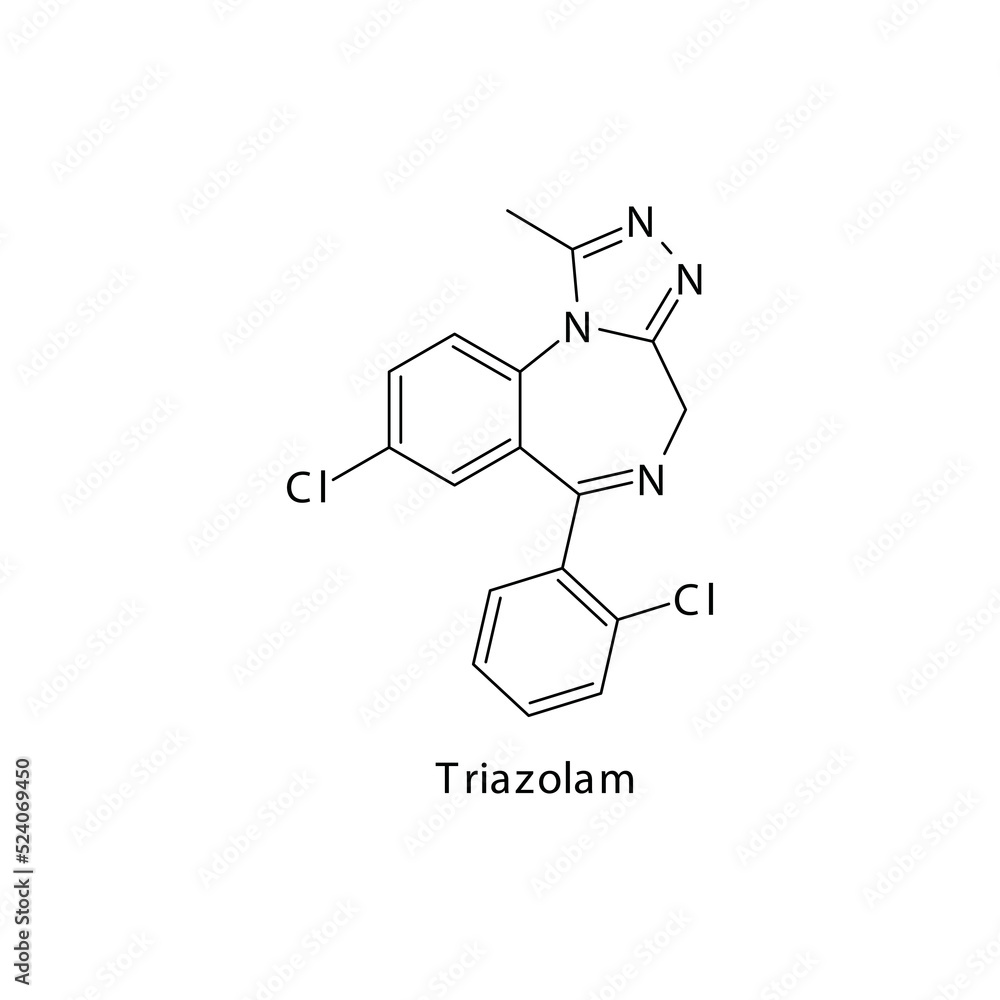 Triazolam molecule flat skeletal structure, Benzodiazepine class drug ...