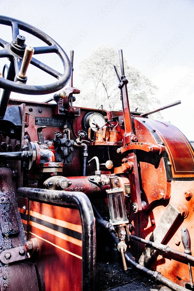 Cockpit of a vintage steam traction engine at Bicester Heritage Center ...
