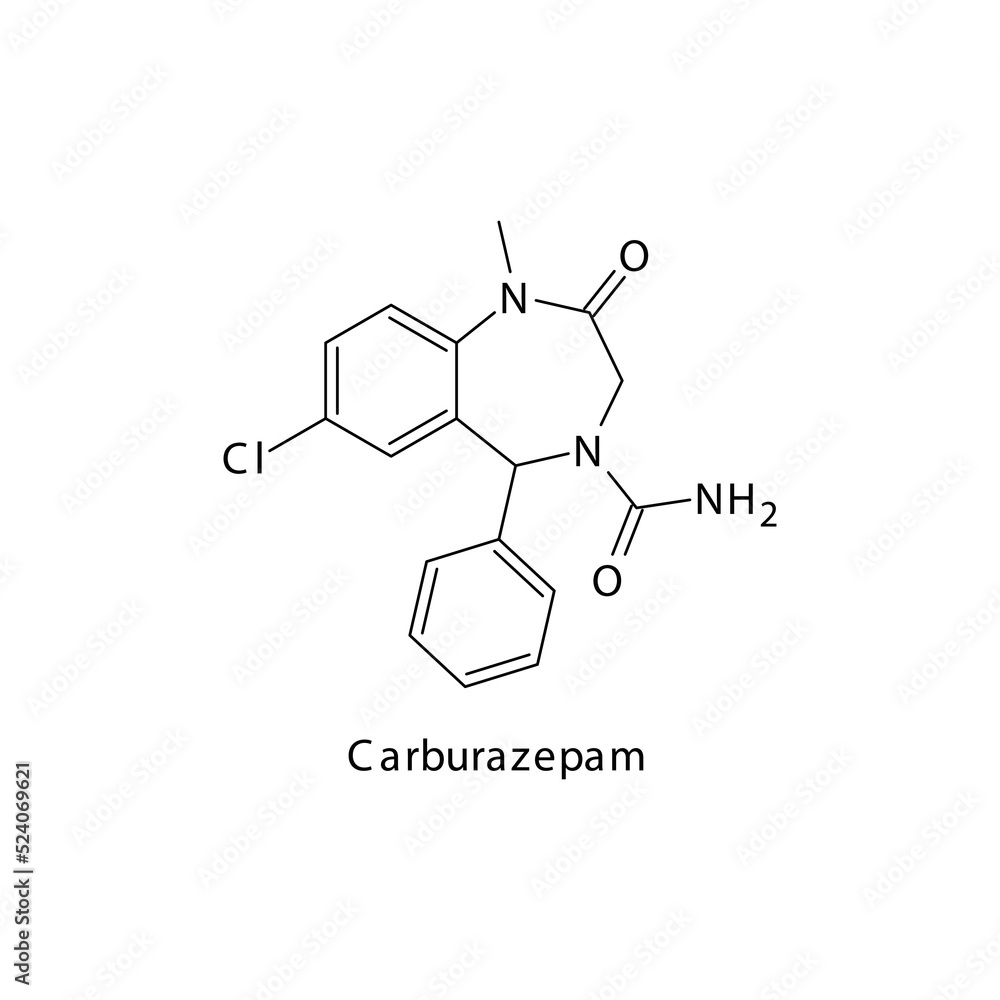 Carburazepam molecule flat skeletal structure, Benzodiazepine class ...