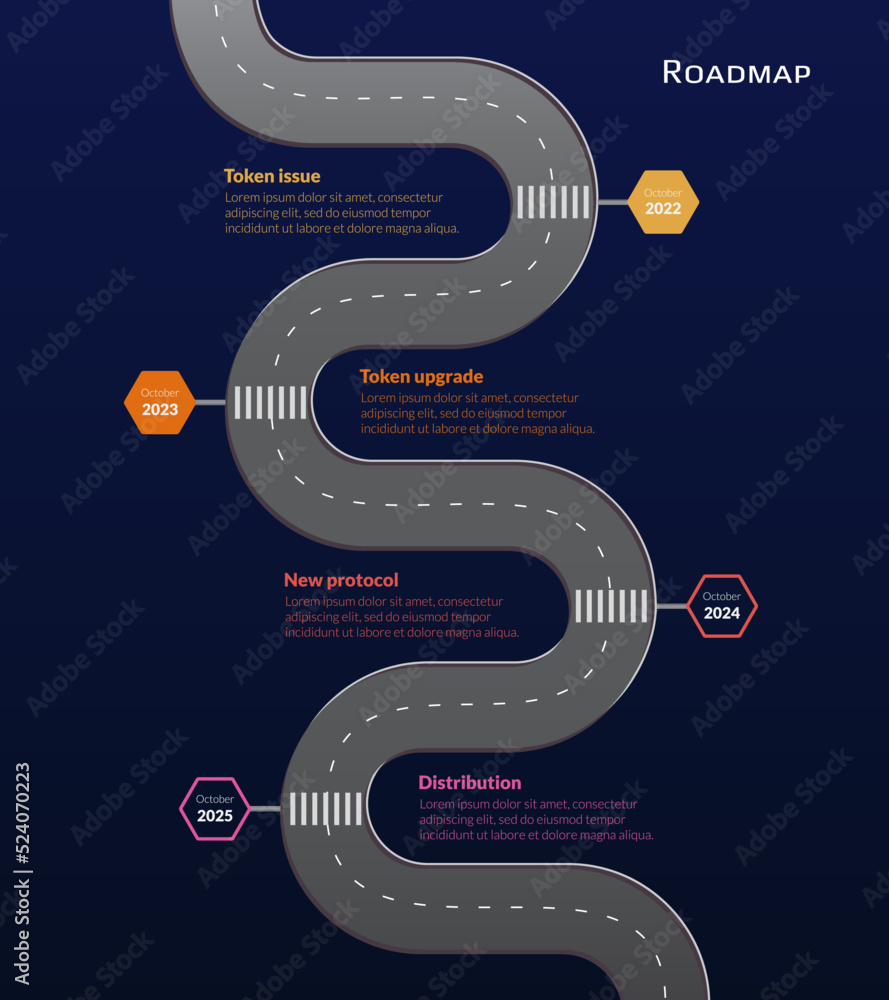 Roadmap with winding road and stop signs on stages on dark blue ...