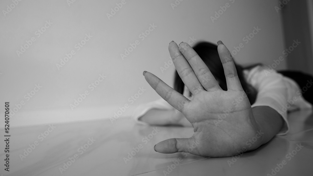 Stop hurting woman! young female person raised her hand for stop ...