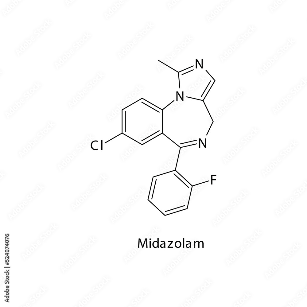 Midazolam molecule flat skeletal structure, Benzodiazepine class drug ...