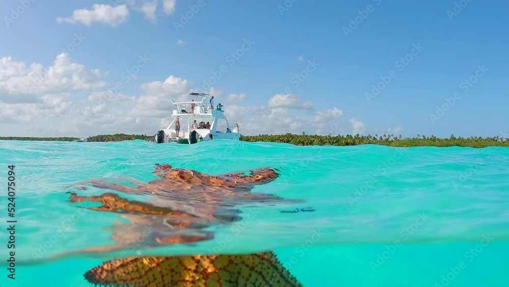 Split shot of a an azure tropical sea on Saona Island, Dominican ...