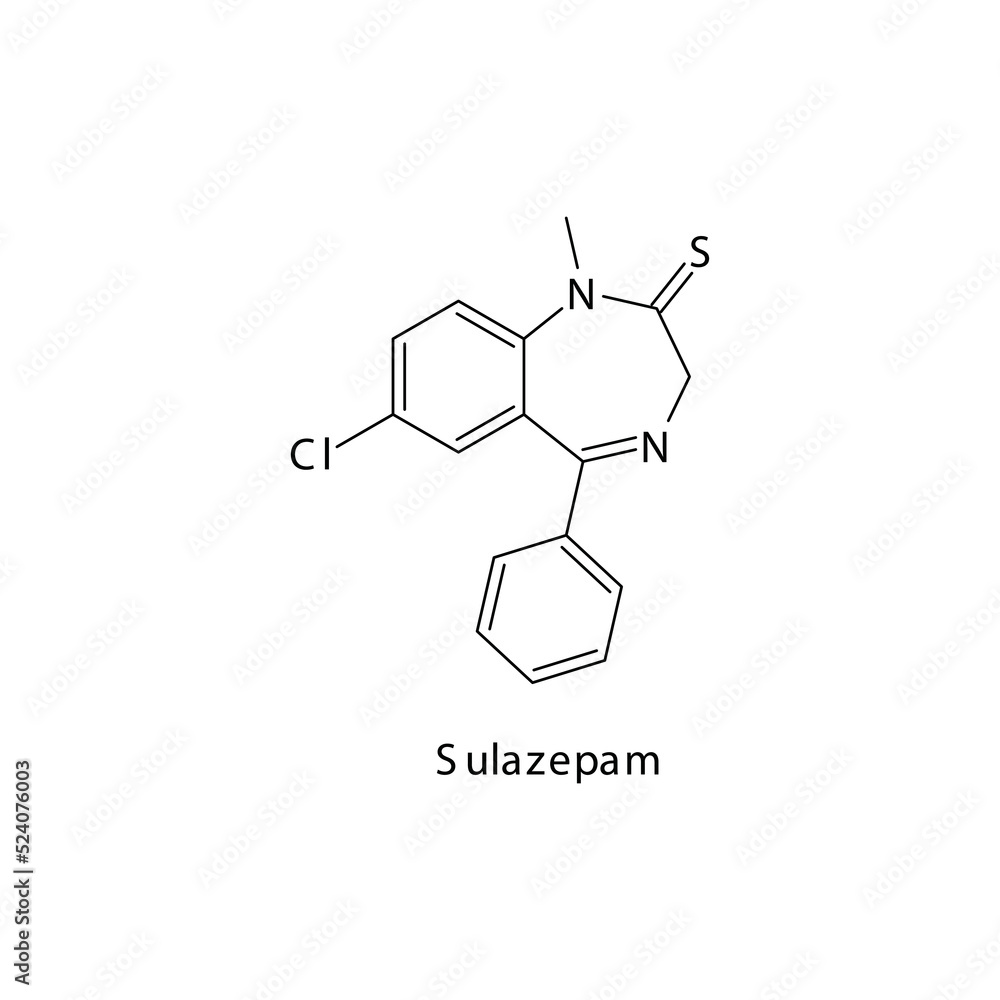 Sulazepam molecule flat skeletal structure, Benzodiazepine class drug ...
